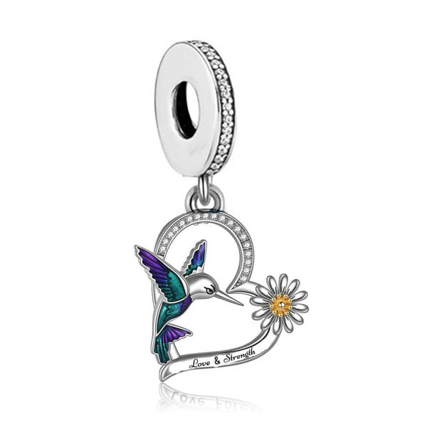 "LOVE & STRENGTH" HUMMINGBIRD HEART Dangle CHARM | CZ EN